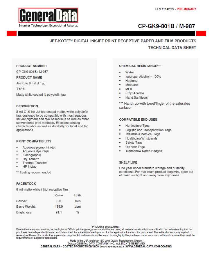 Jet-Kote CP-GK9-801B Technical Data Sheet | General Data