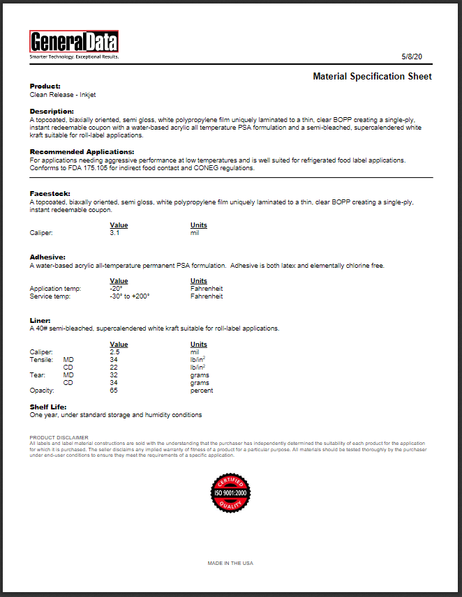 Clean Release- Inkjet Material Spec Sheet | General Data