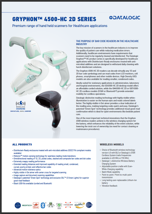 Datalogic Gryphon 4500 Healthcare Scanner Product Brochure | General Data