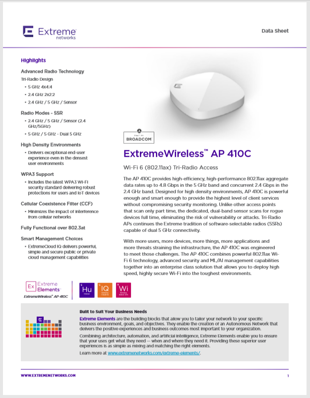 Extreme Networks AP410c Access Point Product Brochure | General Data