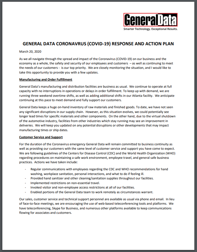 General Data Coronavirus (COVID-19) Response and Action Plan | General ...