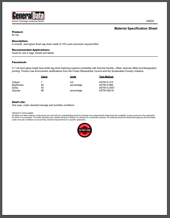 M-145 Material Spec Sheet | General Data
