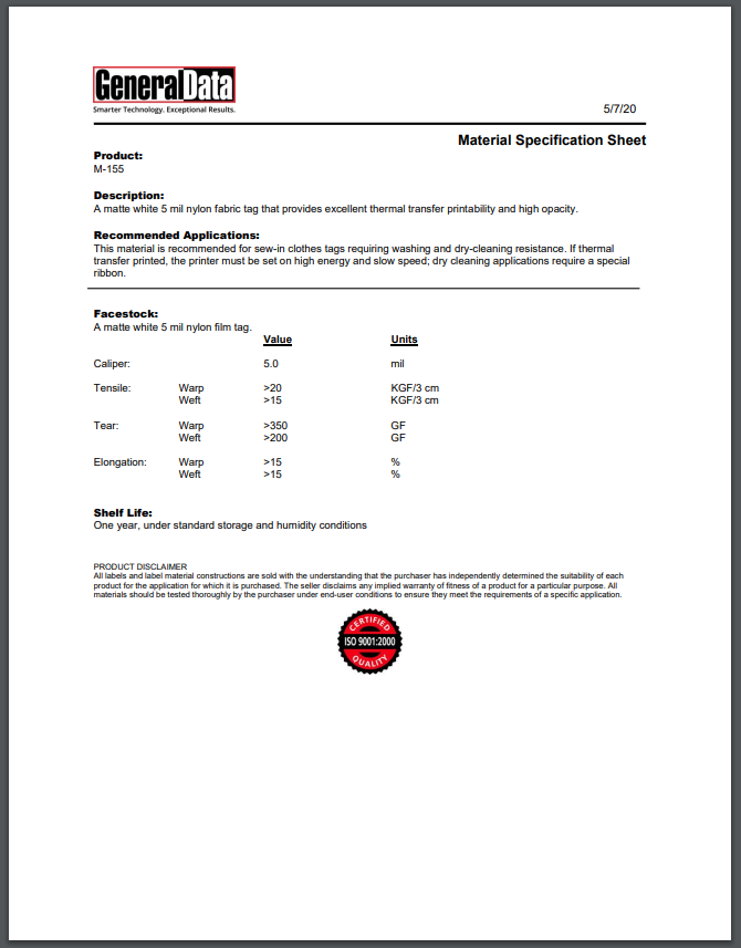 M-155 Specification Sheet | General Data