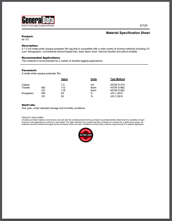 M-170 Specification Sheet | General Data