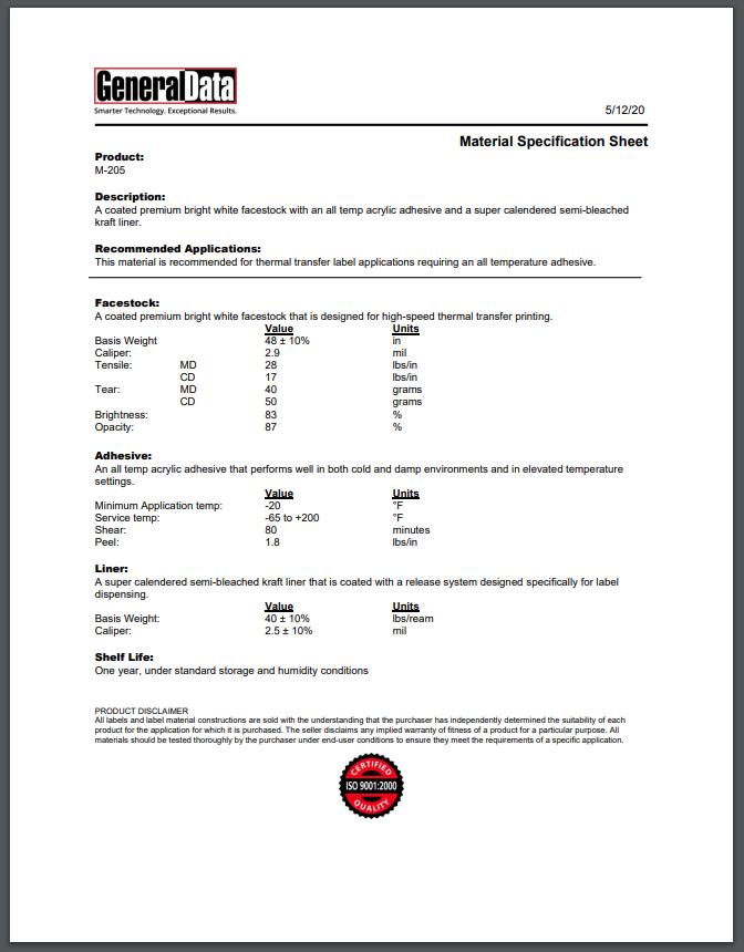 M-205 Specification Sheet | General Data