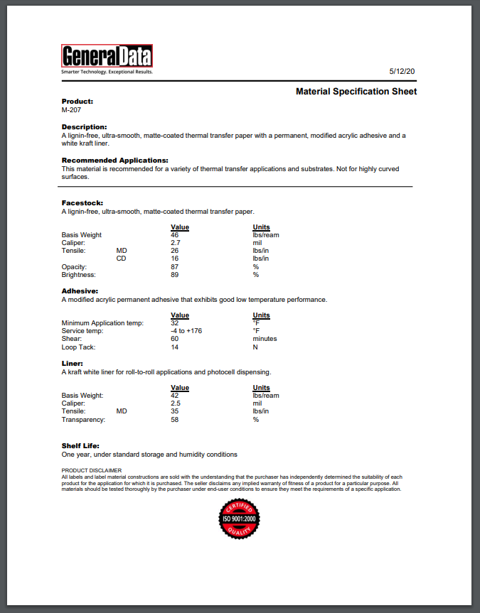 M-207 Specification Sheet | General Data