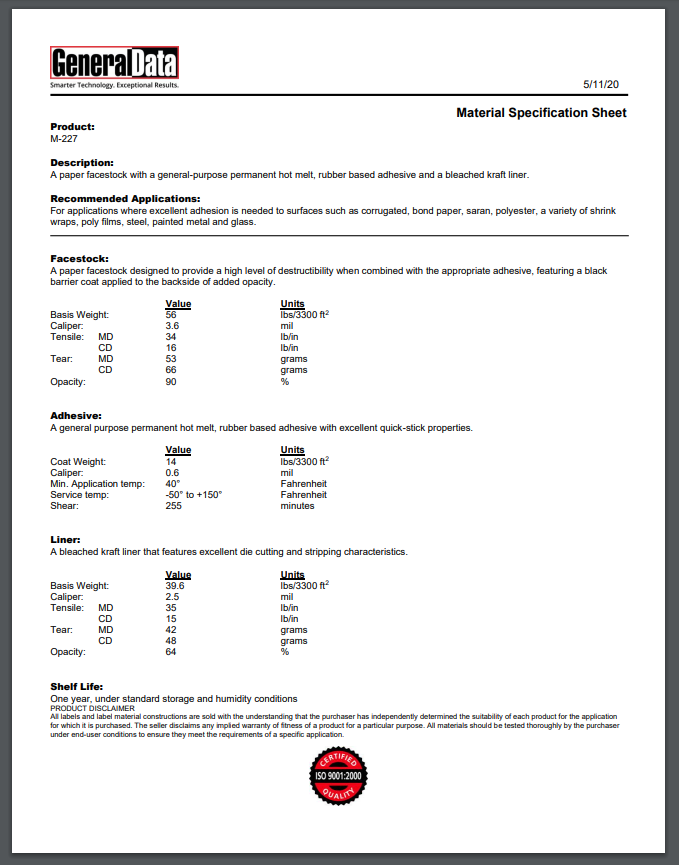 M-227 Material Spec Sheet | General Data