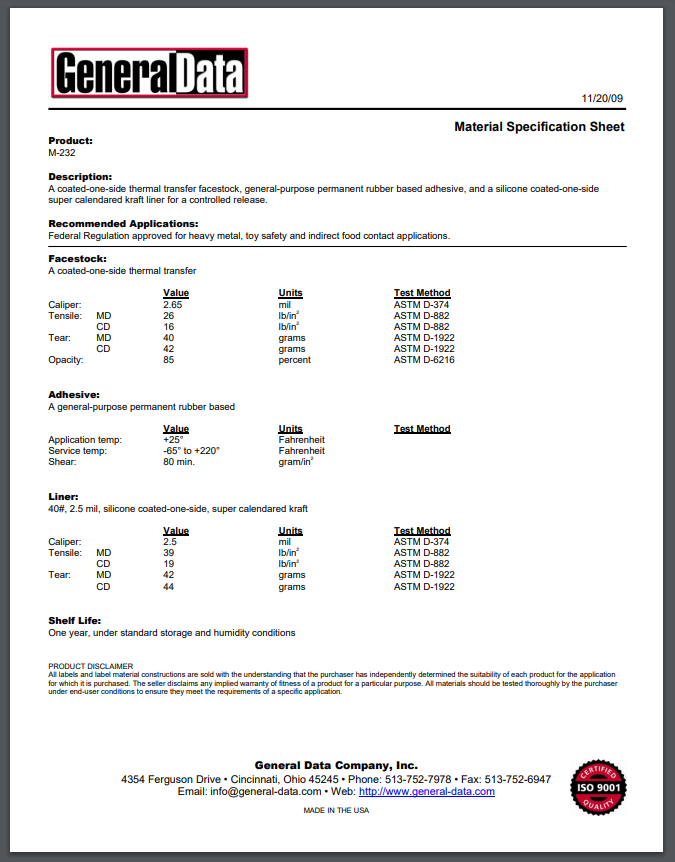 M-232 Specification Sheet | General Data