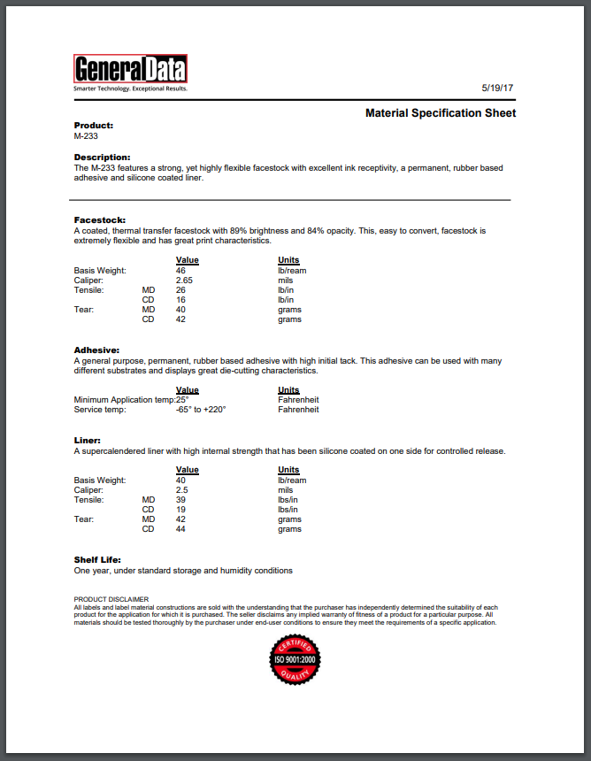 [M-233 Spec Sheet] | [General Data]