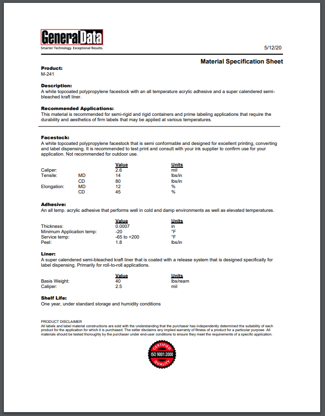 M-241 Specification Sheet | General Data