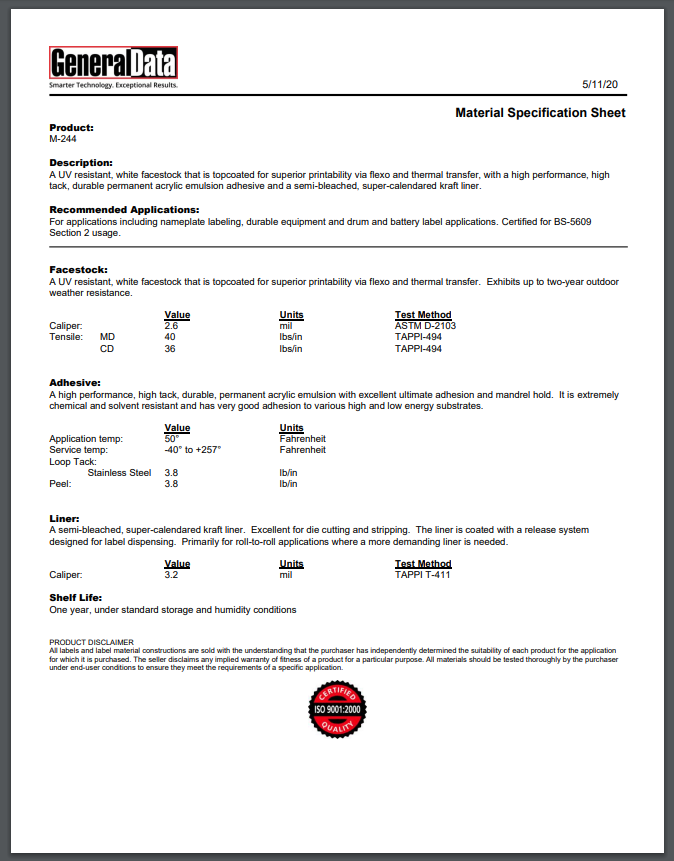 M-244 Material Spec Sheet | General Data