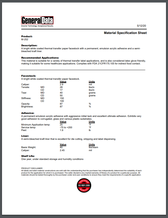M-252 Specification Sheet | General Data