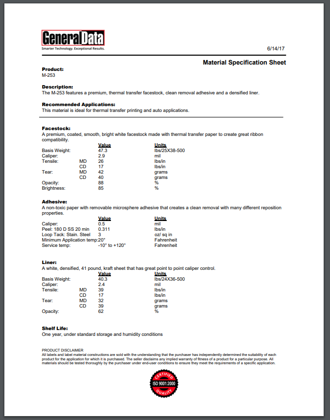 M-253 Material Spec Sheet