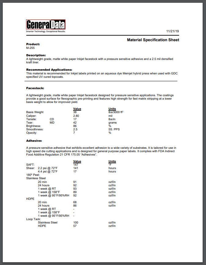 M-255 Material Spec Sheet