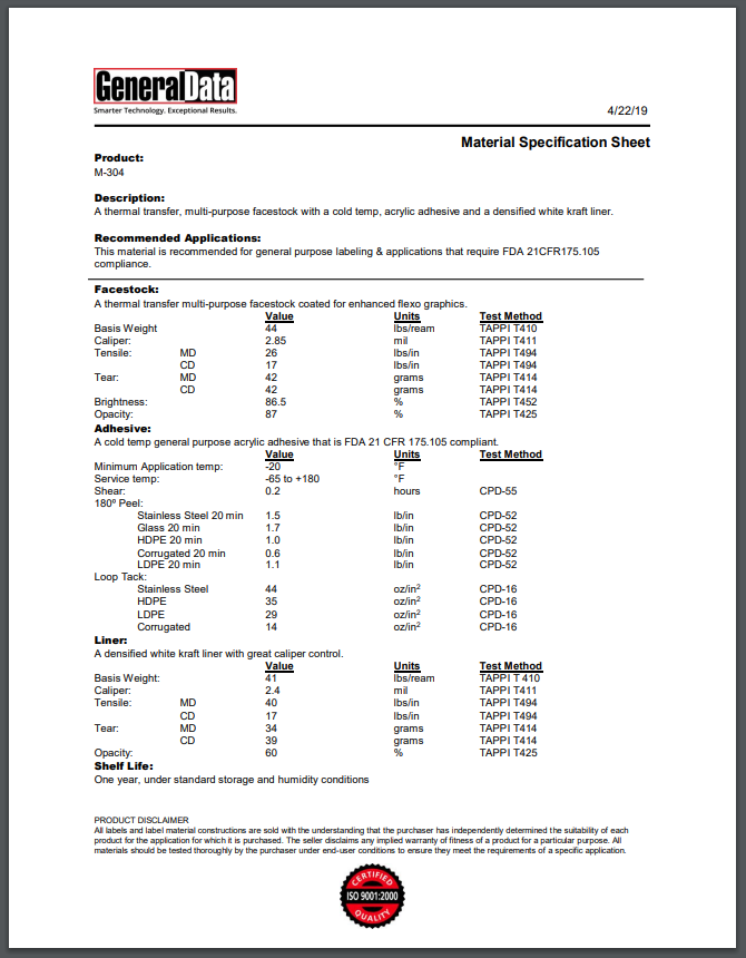 M-304 Specification Sheet | General Data