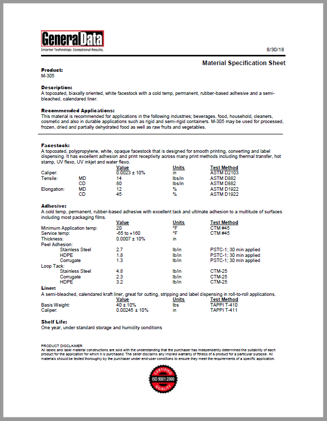 M-305 Material Specification Sheet | General Data