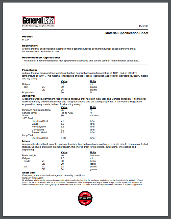 M-327 Material Spec Sheet