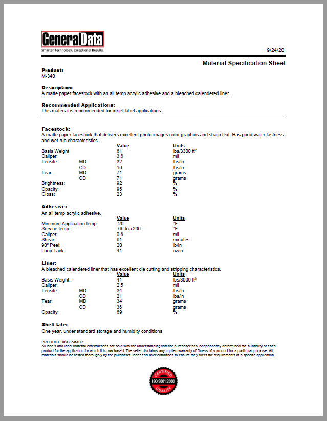 M-340 Material Specification Sheet | General Data