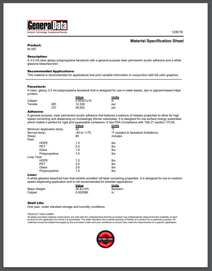 M-355 Material Spec Sheet