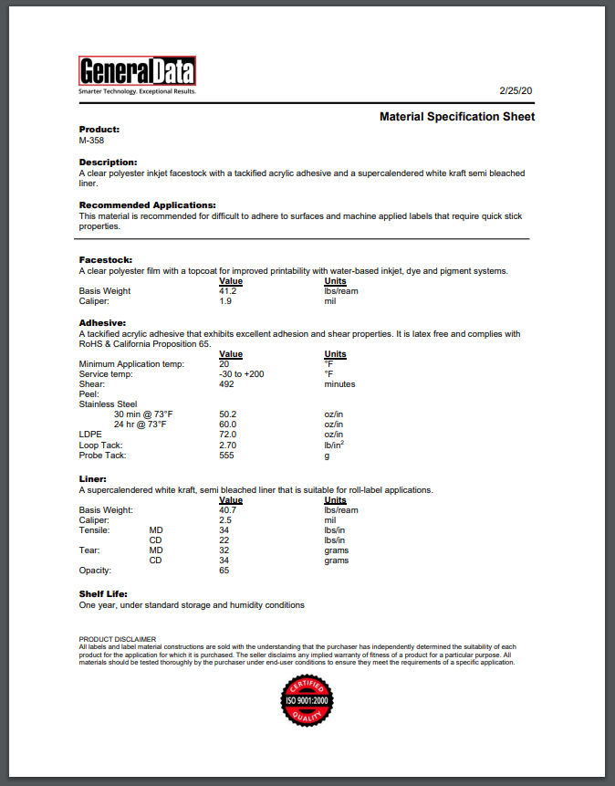 M-358 Material Spec Sheet