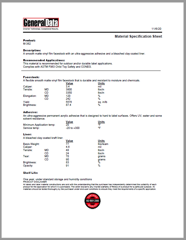 M-362 Material Specification Sheet | General Data