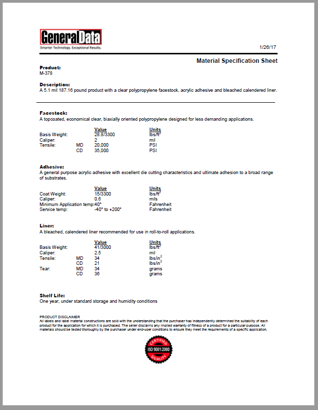 M-378 Material Specification Sheet | General Data