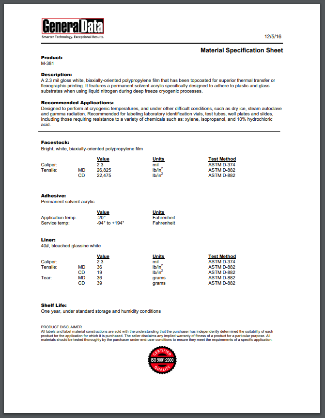 M-381 Specification Sheet | General Data