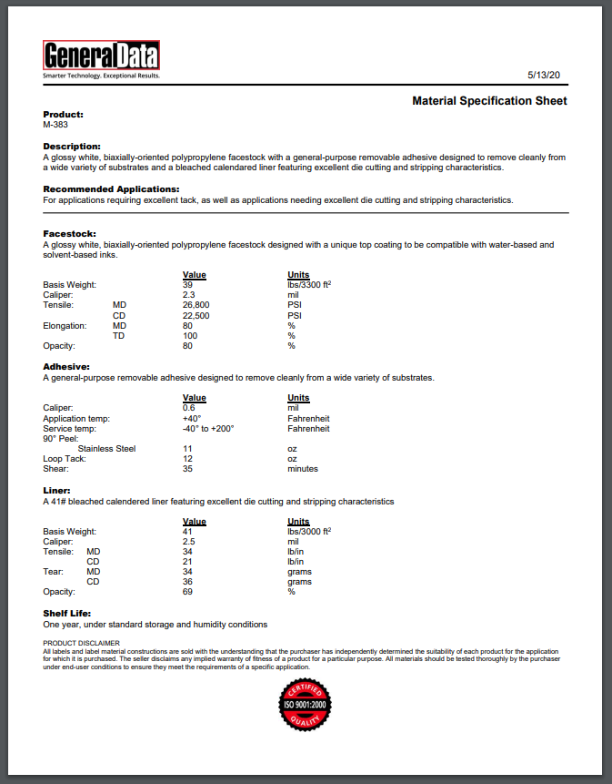 M-383 Material Spec Sheet | General Data