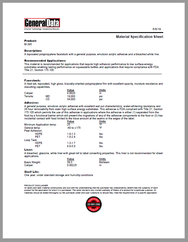 M-385 Material Specification Sheet | General Data