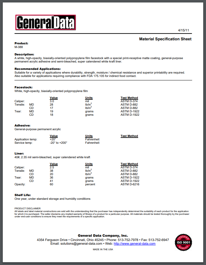 M-388 Specification Sheet | General Data