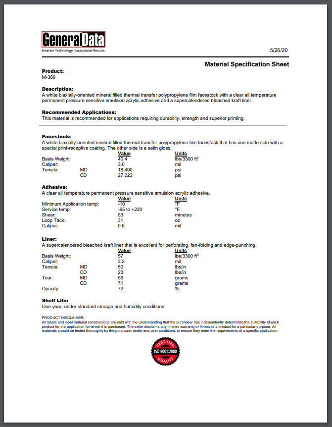M-389 Specification Sheet | General Data