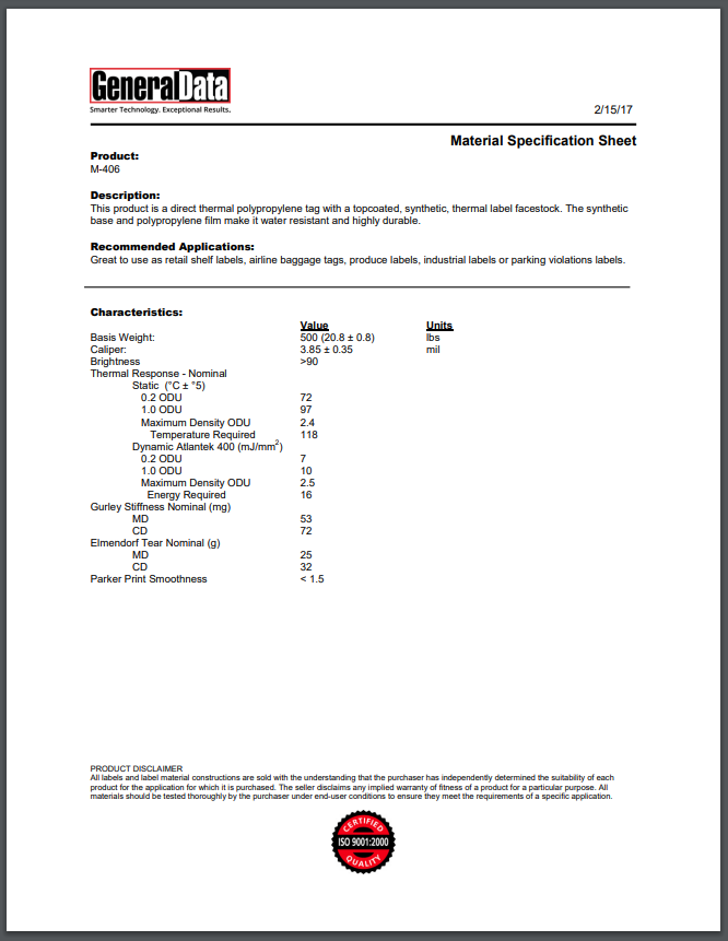 M-406 Specification Sheet | General Data