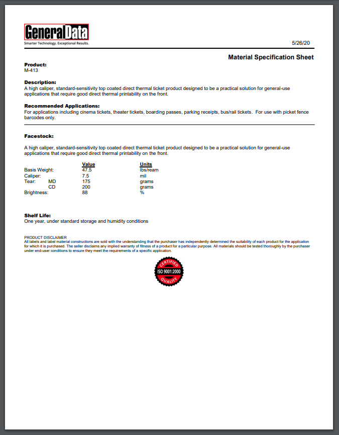M-413 Specification Sheet | General Data