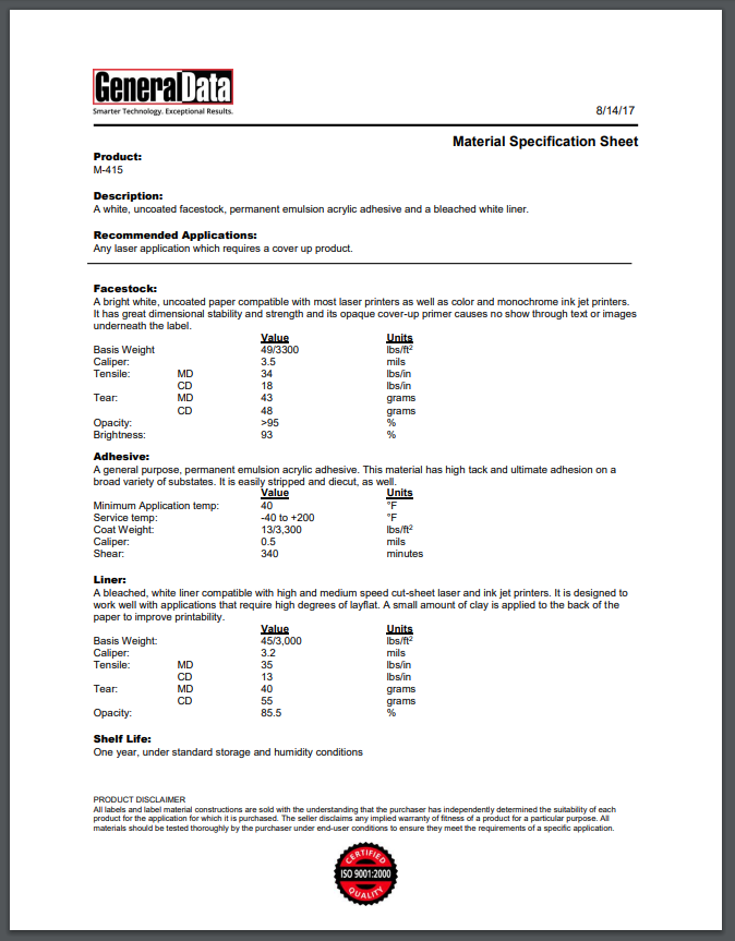 M-415 Specification Sheet | General Data