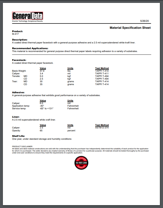 M-417 Material Spec Sheet | General Data