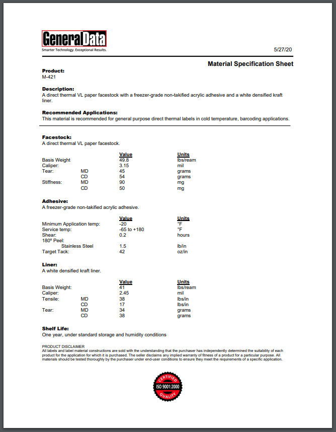 M-421 Specification Sheet | General Data