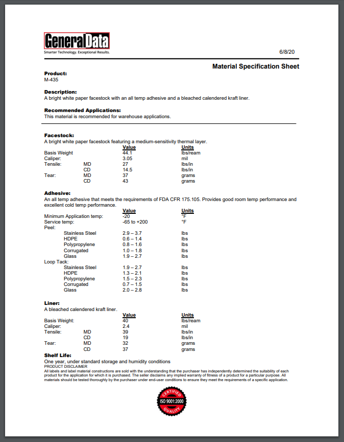 M-435 Specification Sheet | General Data
