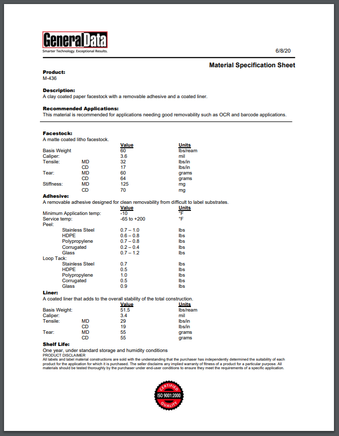 M-436 Specification Sheet | General Data