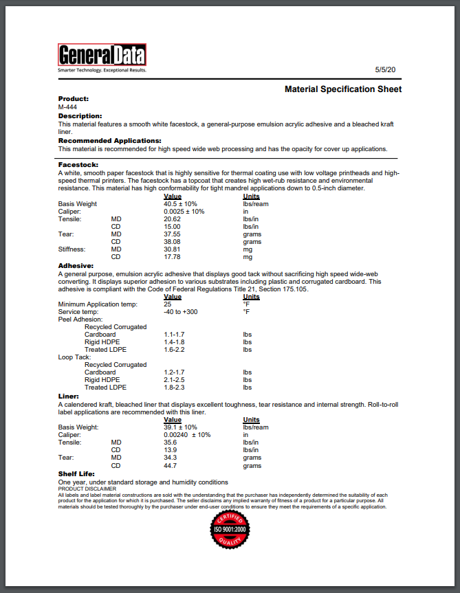 M-444 Material Spec Sheet