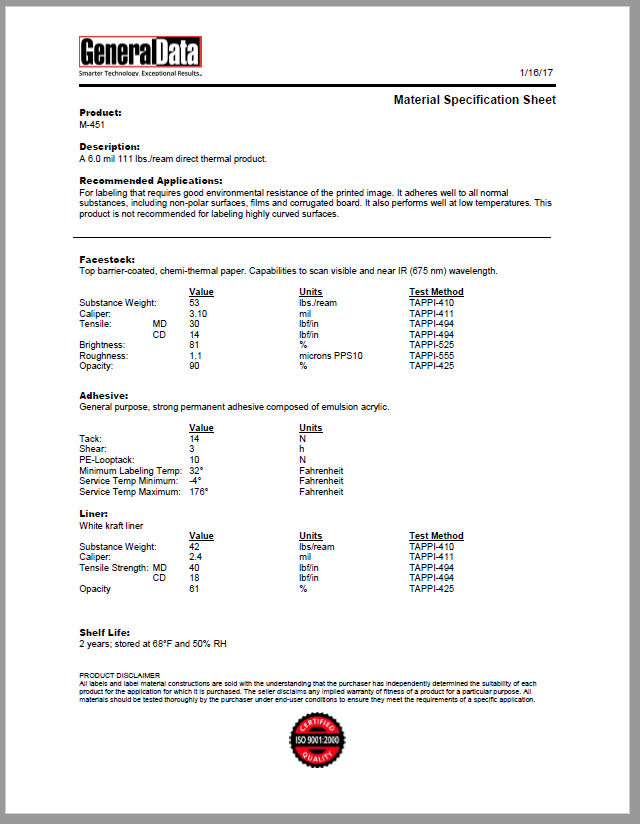 M-451 Material Specification Sheet | General Data