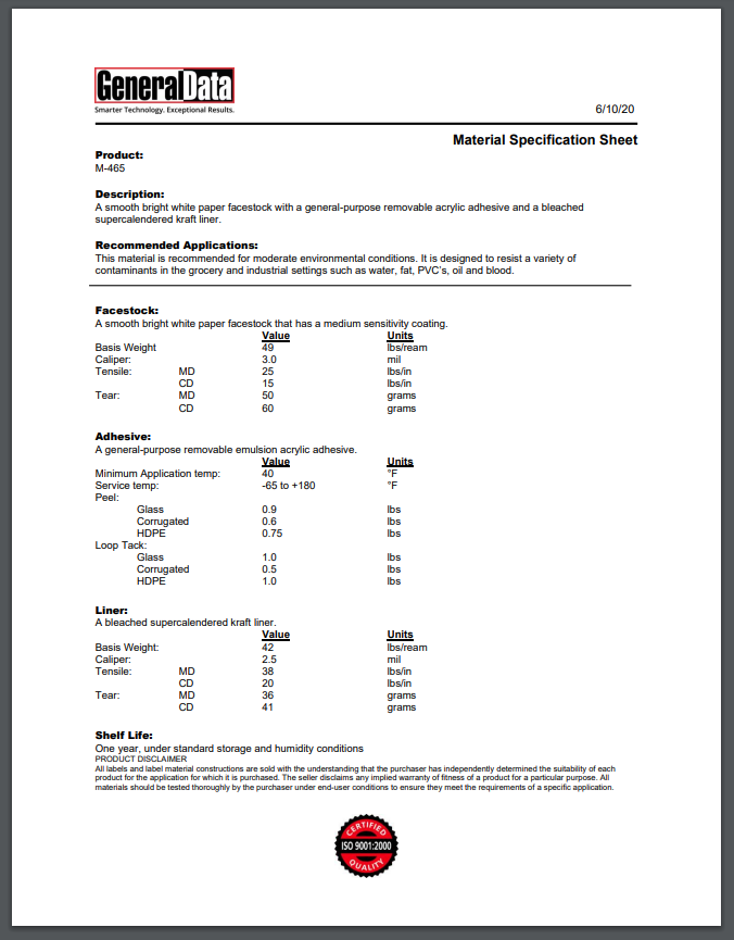 M-465 Specification Sheet | General Data