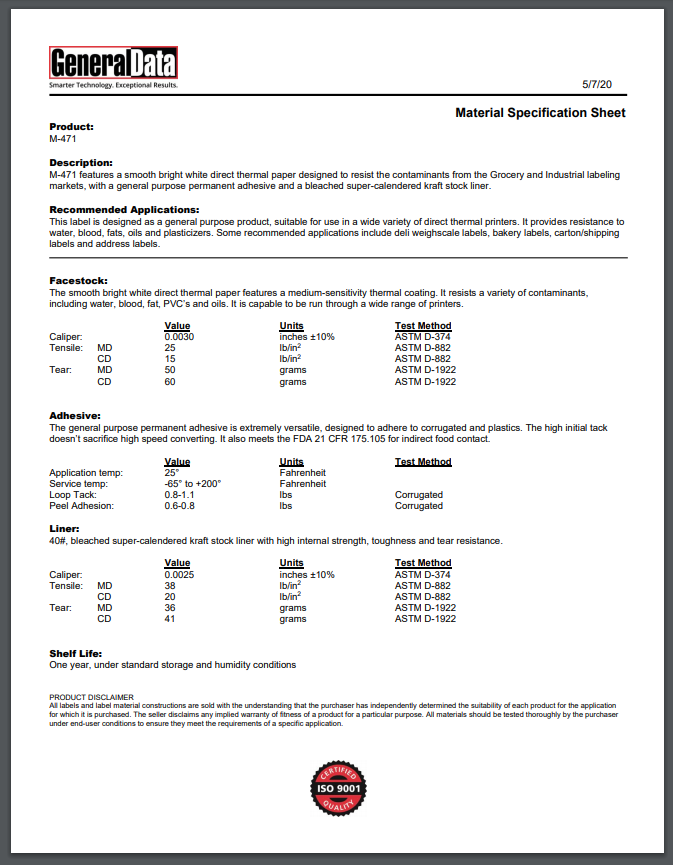 M-471 Specification Sheet | General Data