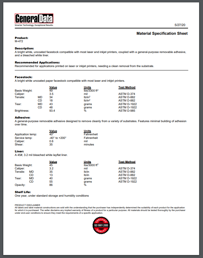 M-472 Material Spec Sheet | General Data