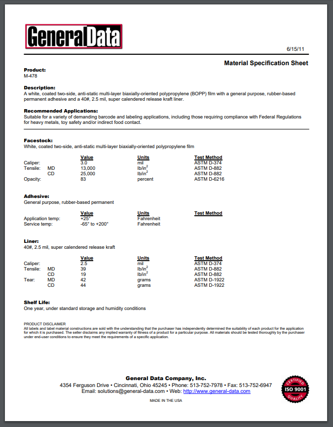 M-478 Specification Sheet | General Data