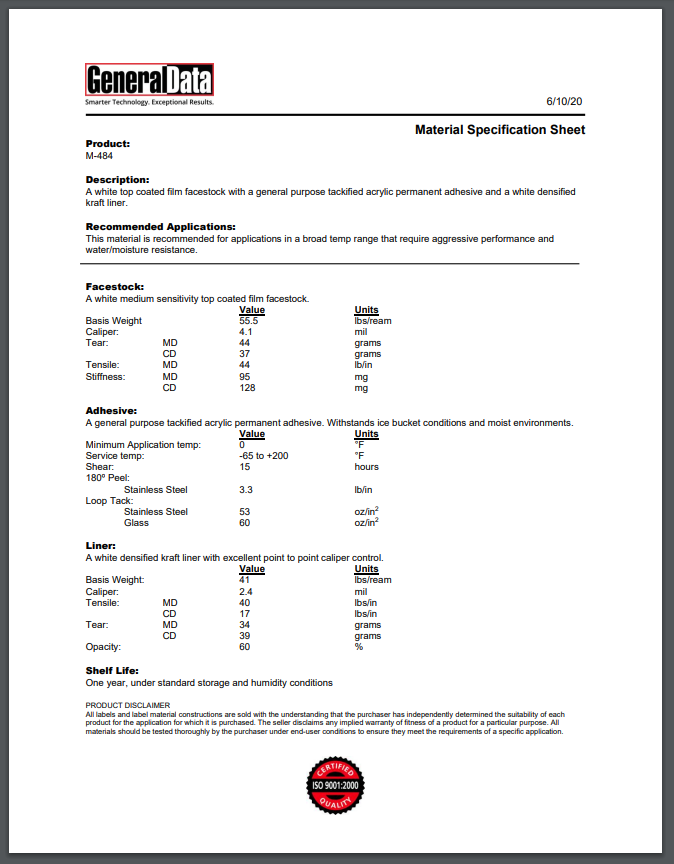 M-484 Specification Sheet | General Data