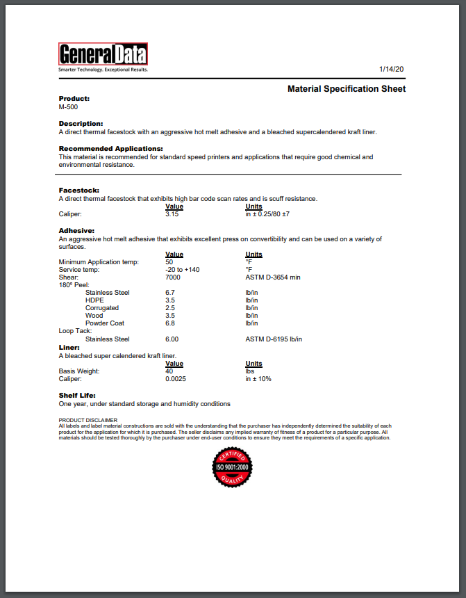 M-500 Material Spec Sheet