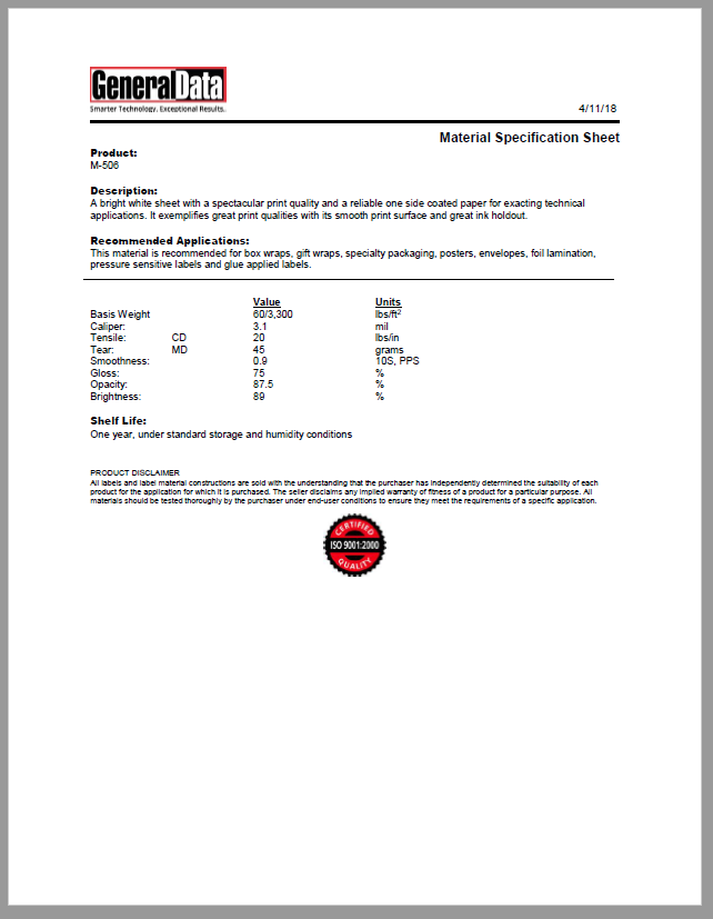 M-506 Material Specification Sheet | General Data