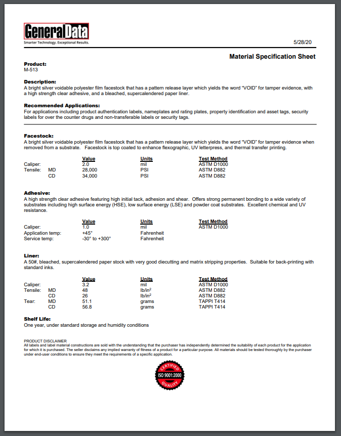 M-513 Material Spec Sheet | General Data