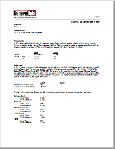 M-521 Material Specification Sheet | General Data