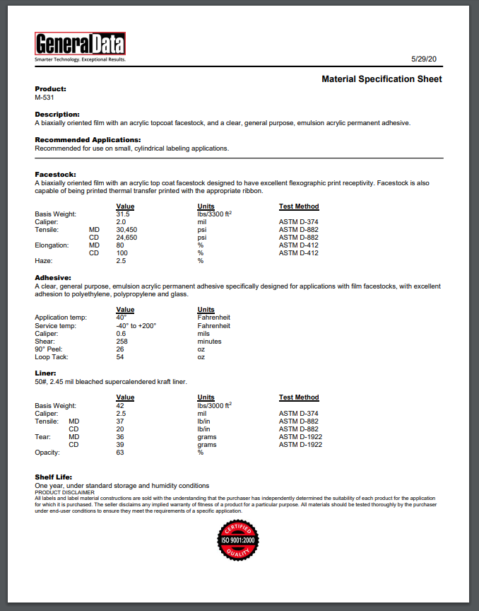 M-531 Material Spec Sheet | General Data